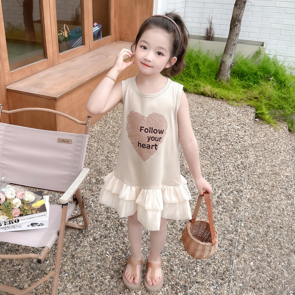 PRINCESS KESLI ชุดเดรสเด็กผู้หญิง เดรสแขนกุด ลายหัวใจ แต่งระบาย 2-9 ปี ...