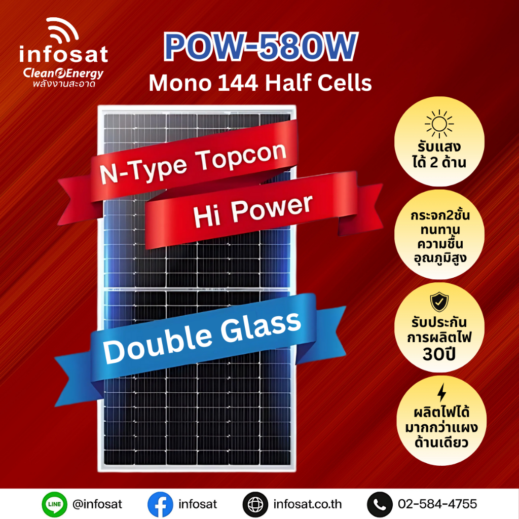 INFOSAT แผ่นโซลาร์เซลล์ Mono 580W Hi-Power กระจกรับแสง 2 ด้าน Mono 144 ...
