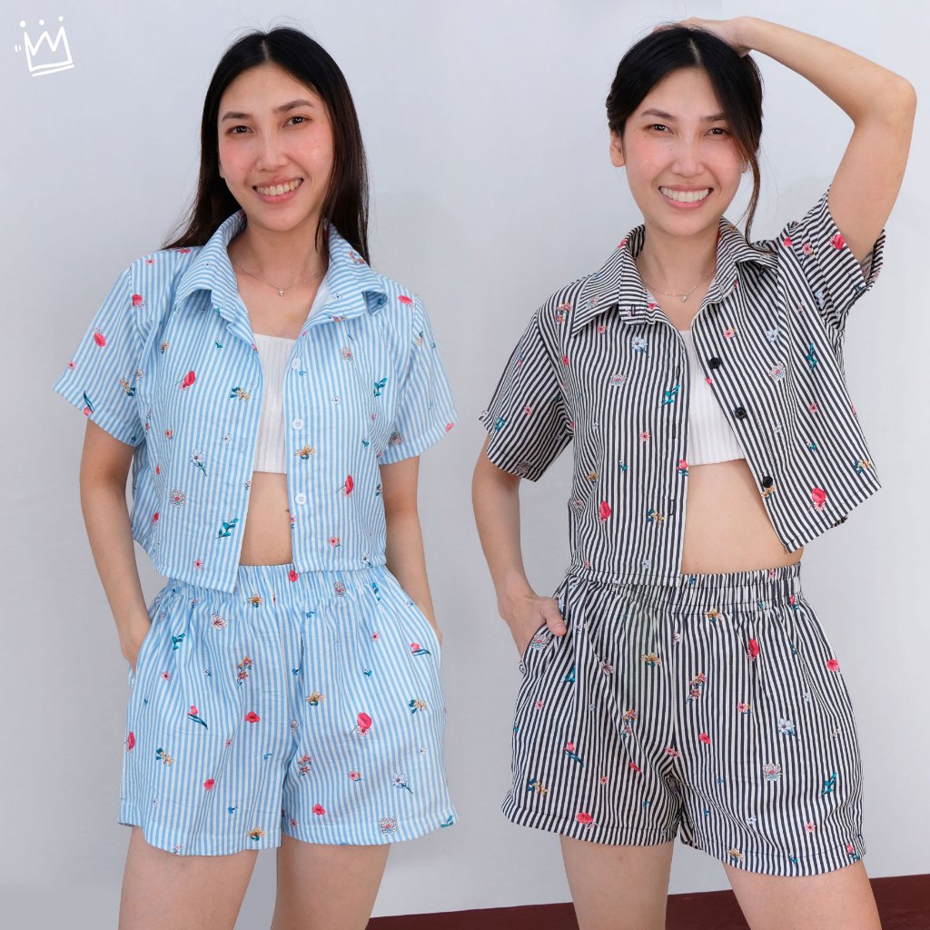 hiwawa - ชุดเซ็ท ลายทาง เสื้อเชิ้ตครอปแขนสั้น และ กางเกงขาสั้น ผ้าพริ้ว ...