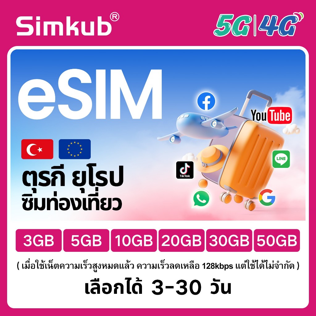 eSIM Turkey&Europe ซิมท่องเที่ยวตุรกีและยุโรป 5G/4G เต็มสปีด อินเทอร์เน็ต ทั้งหมด 3GB-50GB เลือก ...