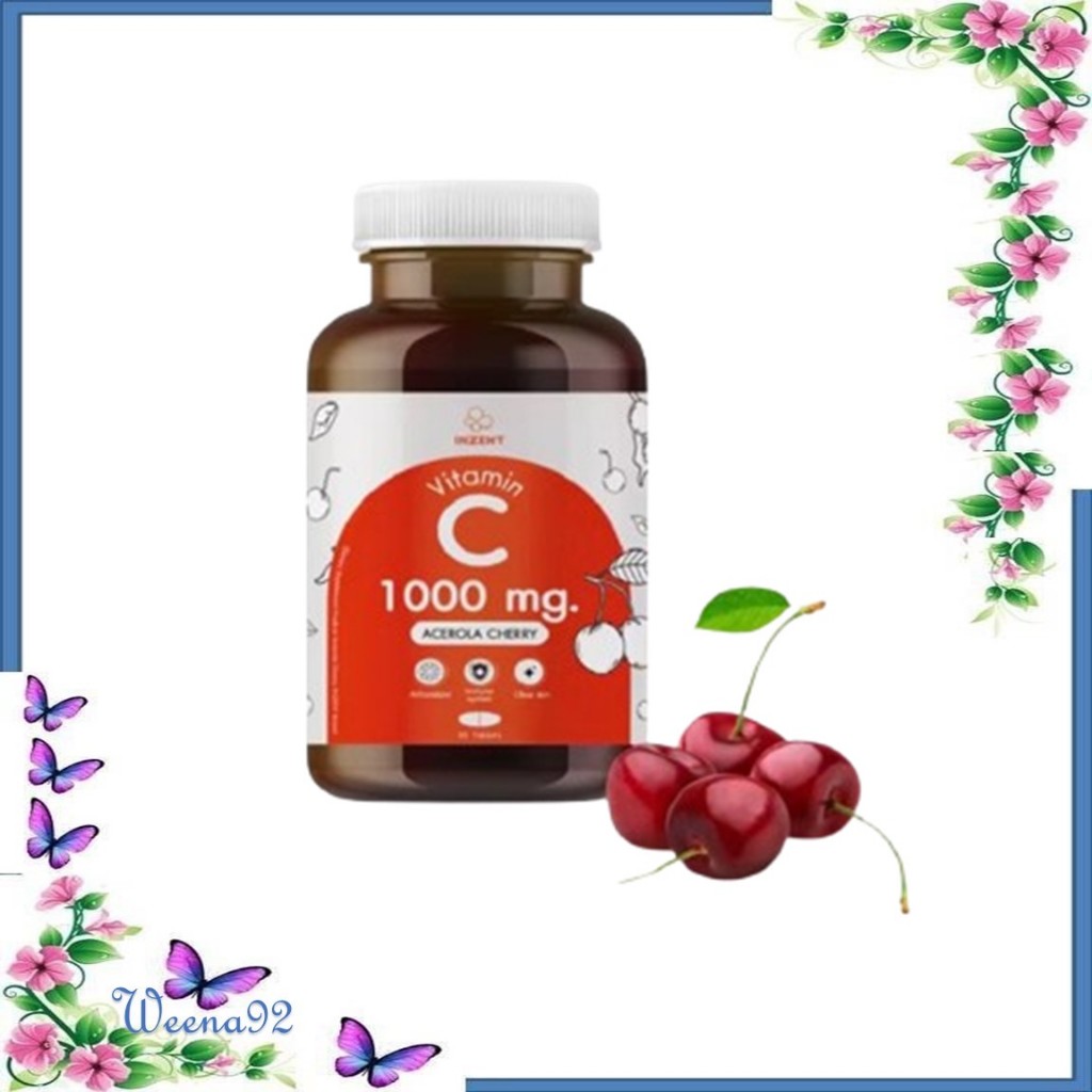 Inzent Vitamin C Acerola Cherry 1000mg. วิตามินซี สูตรผลไม้สกัดบำรุงผิวพรรณ ผิวแพ้ง่าย ผิวโดนแดด ...