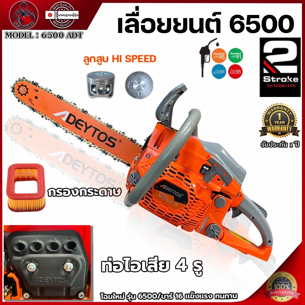 "รุ่นใหม่"เลื่อยยนต์ ADEYTOS รุ่น DT 6500 ท่อไอเสีย 4 ท่อ ลูกสูบไฮสปีด 2 แหวน ฟรี บาร์ยาวขนาด 16 ...