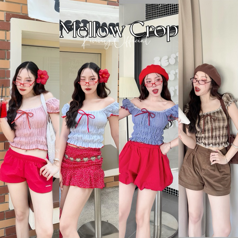 Mellow Crop เสื้อครอปแขนตุ๊กตาผู้หญิง แต่งจั๊มลายทาง ผูกโบว์ สไตล์คาเฟ่ | Shopee Thailand