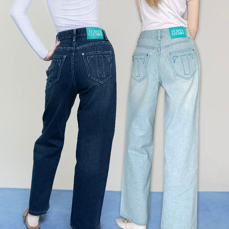 TEMTA - Lisa Jeans - กางเกงยีนส์เอวกลาง ขากระบอกใหญ่ สีเข้ม สีอ่อน พราง ...