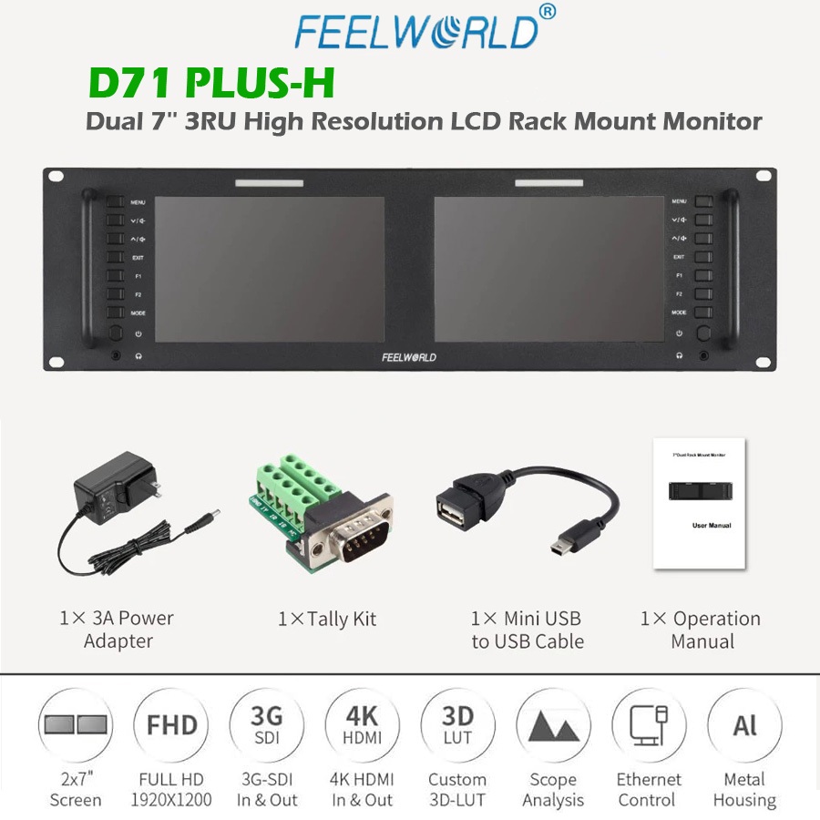 FEELWORLD D71 PLUS-H Dual 7นิ้ว 3RU SDI HDMI จอมอนิเตอร์ IPS Full HD ...