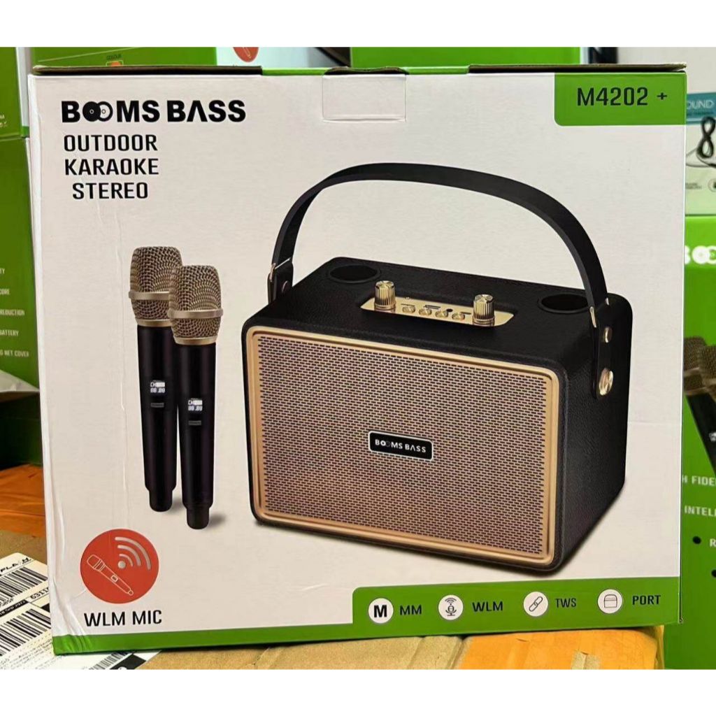 BOOMS BASS M4203 M4202+ ลำโพงบลูทูธ + ไมค์โครโฟนไร้สาย (ไมค์ลอย) 2 ตัว ...