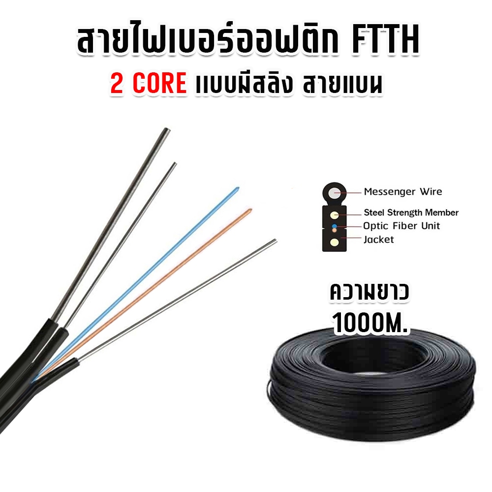 สายไฟเบอร์ออฟติก 2 Core+สลิง FTTH แบบสายแบน ความยาว 1000 เมตร | Shopee ...