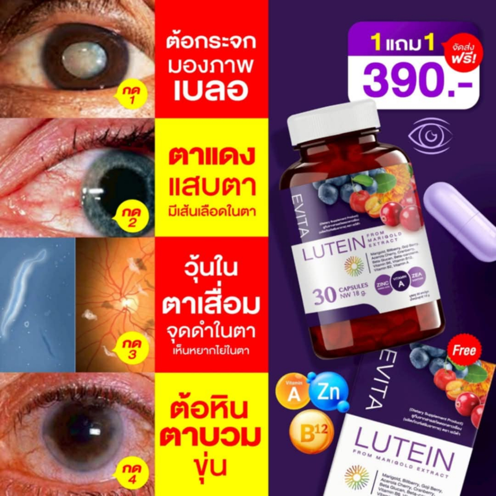 โปร 1 แถม 1 ( 60 เม็ด) EVITA LUTEIN วิตามินบำรุง ตาพล่ามัว มองไม่ชัด ตา ...