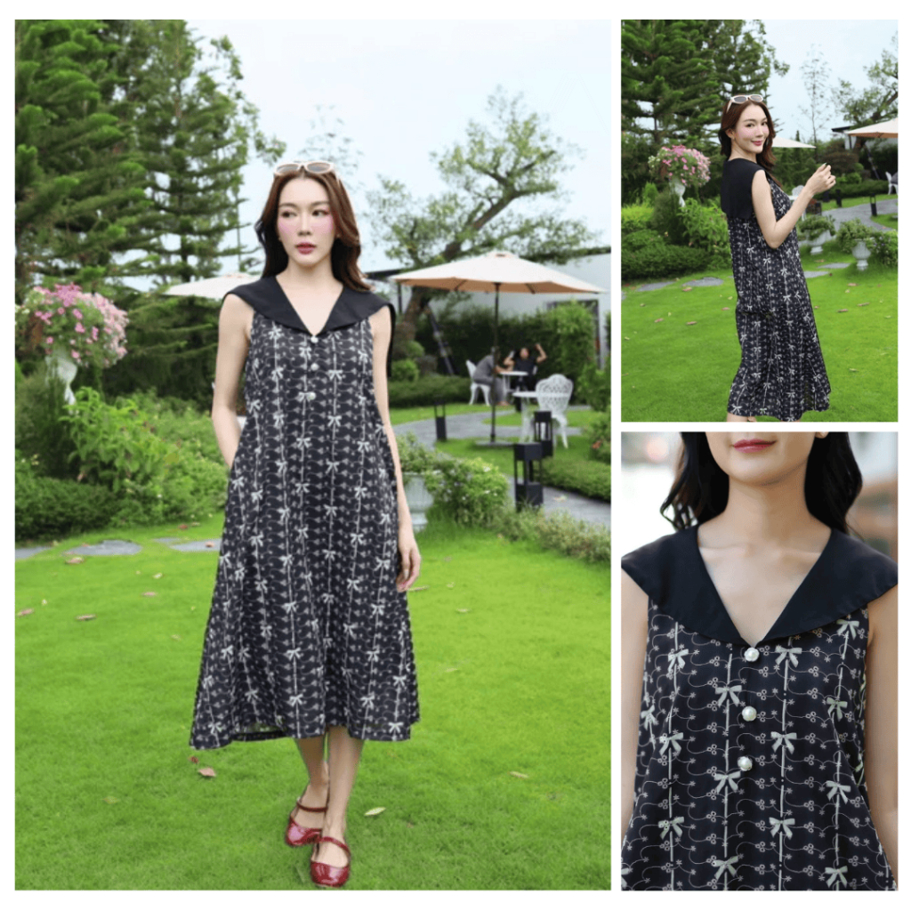 [ลดพิเศษ] ชุดเดรสรุ่น Ribbow Dress ผ้าลินินแต่งขอบลูกไม้ | Shopee Thailand
