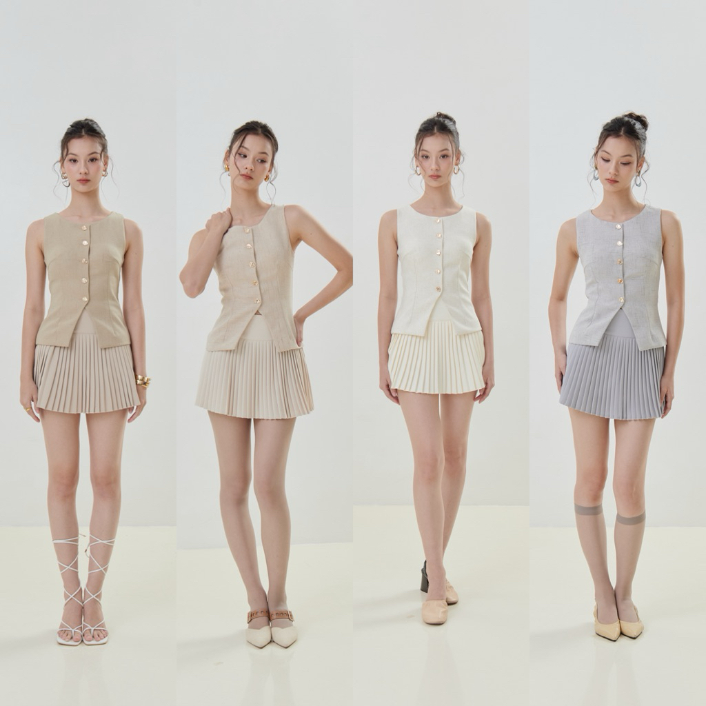 Starry Set เสื้อแขนกุด+กระโปรงอัดพลีท | Shopee Thailand