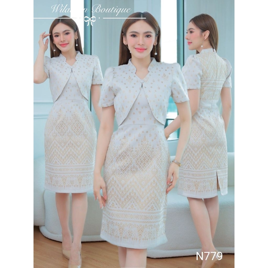 N779 ชุดเดรสผ้าทอลายแพรวาเทียนหยด รุ่นเส้นด้ายแน่นพิเศษ ผ้ามีน้ำหนัก ...