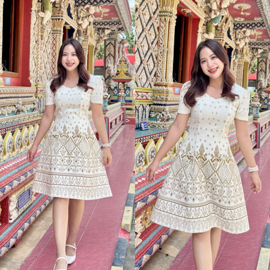 เดรสผ้าไทย ชุดงานบวช ผ้าฝ้ายทออัดกาวอย่างดี by Raphee | Shopee Thailand