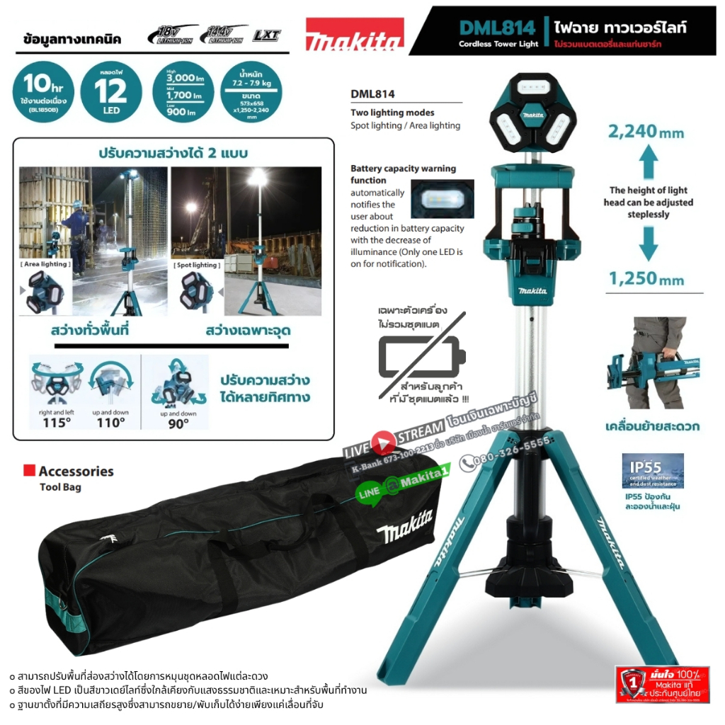 Makita รุ่น DML814 ไฟฉายไร้สาย LED 18 โวลต์ ความสว่างสูงสุด 3,000 ลูเมน ...
