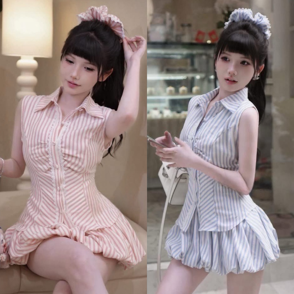 Teera ️พร้อมส่ง 3ชิ้น💥เสื้อ+กางเกง+ยางมัดผม💓คู่เซต แมชท์ลุคสไตล์ลูกคุณ🌟สุดcute ผ้าลายริ้วเนื้อทอ ...