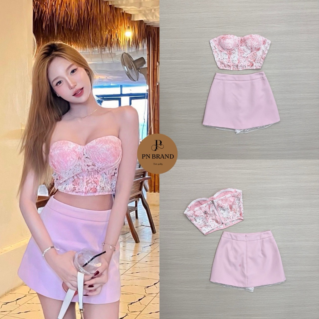 PN006 PN BRAND Set 2 pcs เสื้อครอปเกาะอกลูกไม้สีชมพูขาว + กระโปรงสั้นสีชมพูพาสเทล [2PM] | Shopee ...
