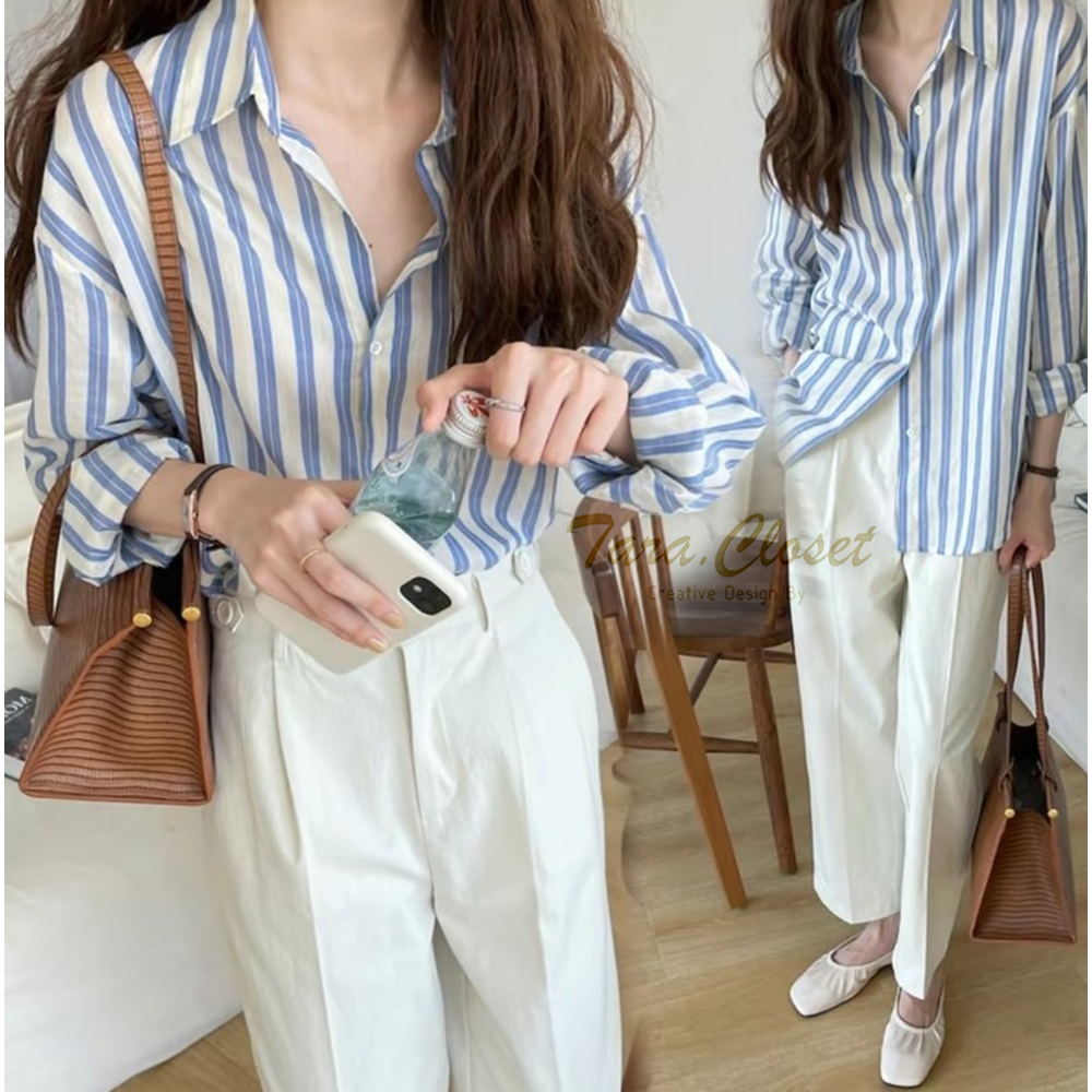 CT012 TARA Shirt เสื้อเชิ้ตคอปก ลายทาง แขนยาว กระดุมหน้า เนื้อผ้าไหมอิตาลีอย่างดี ผ้าดี ใส่สบาย ...