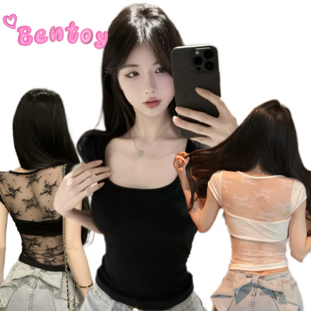 Bentoy(bratop2731)เสื้อยืดแขนสั้นรัดรูป เสริมฟองน้ำในตัว nobra ดีเทลหลังลูกไม้ คอยู ใส่สบาย ...