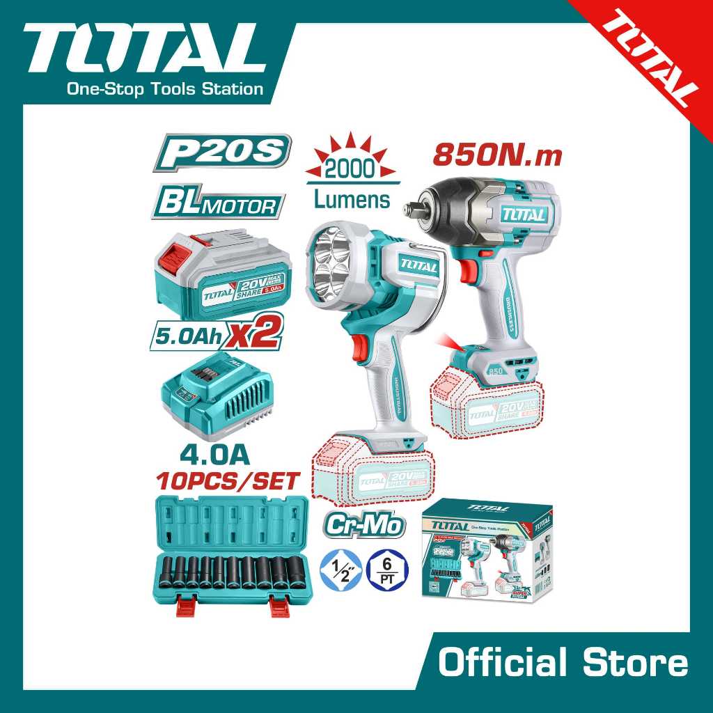 TOTAL COMBO SET ชุดที่ 94 เครื่องยิงลูกบ๊อกซ์ 1/2 นิ้ว 850 N.m ไร้สาย ...
