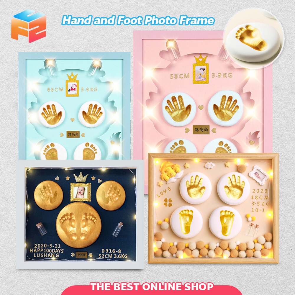 F2C แถมฟรีไฟ！ชุดปั๊มมือเท้าเด็ก กรอบไม้เนื้อแข็ง ชุดของขวัญเด็กแรกเกิด กรอบรูป DIY ของที่ระลึก ...