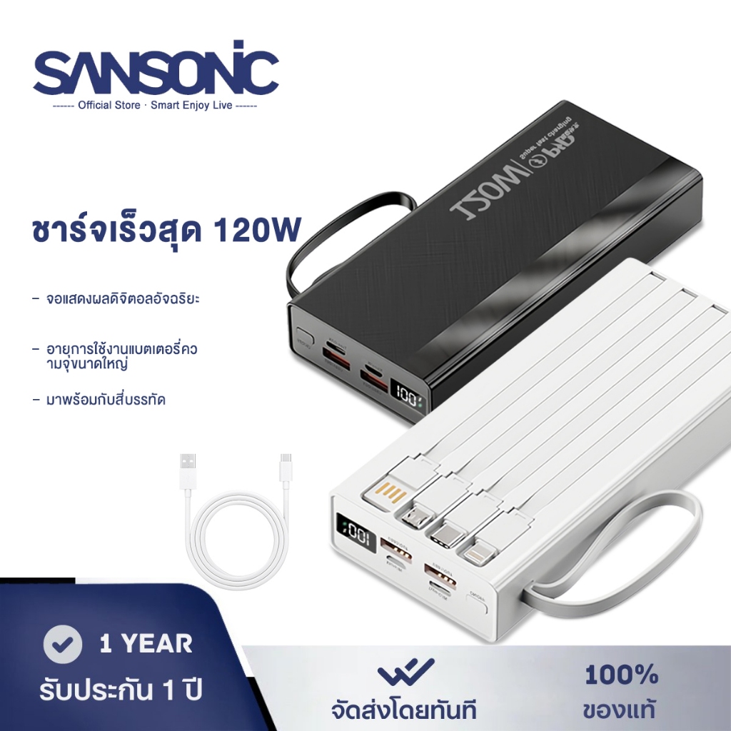 SANSONIC แบตสำรอง Powerbank 120W ชาร์จเร็ว 12000mAh 20000mAh สายชาร์จในตัว 4 เส้น PD20W พาวเวอร์ ...