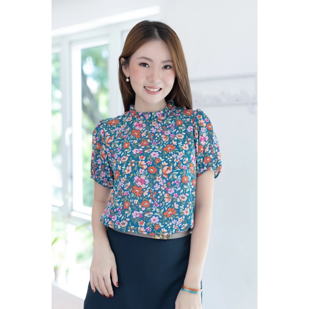 [สงกรานต์ส่งปกติ] Narinari : MT2710 Ruff Collar Bloom Chiffon Blouse – Blue | Shopee Thailand