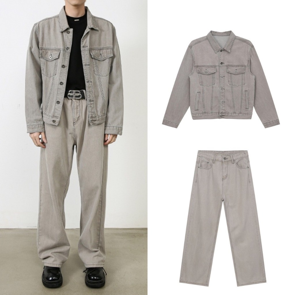 IBB SMOKE GREY DENIM SET เสื้อแจ็กเก็ตและกางเกงยีนส์ทรงกระบอกใหญ่สไตล์ ...