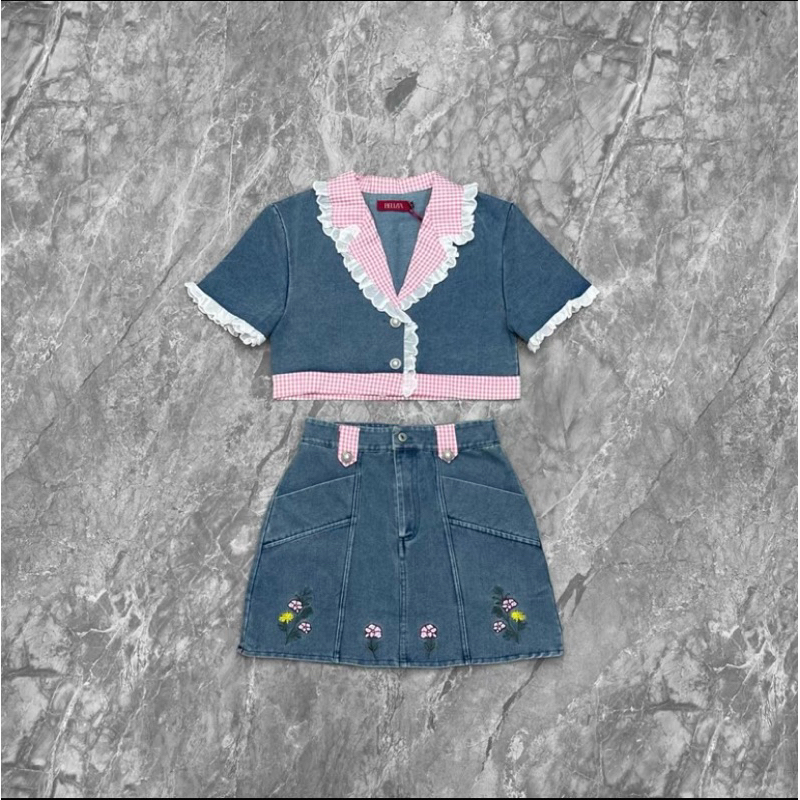 BELLITA BRAND ชุดเซ็ทยีนส์ 2 ชิ้น เสื้อ+กระโปรง ชุดเที่ยว คาเฟ่ | Shopee Thailand