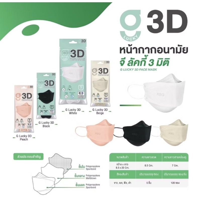 หน้ากากอนามัย 3D G-Lucky Mask แบบซอง 5 ชิ้น หนา 3 ชั้น ผลิตภายในประเทศ ...