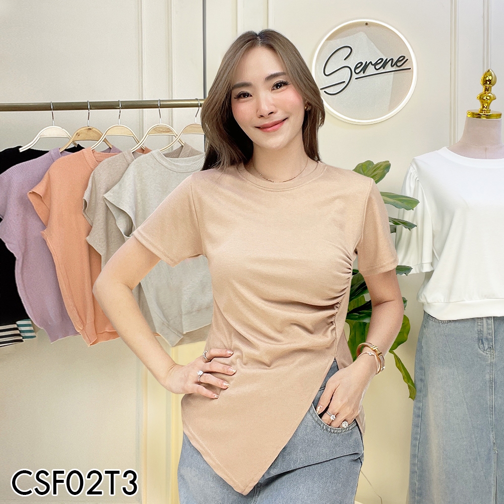 Serene's Choice เสื้อคอกลม ผ่าหน้า ชายสามเหลี่ยม หน้าผ้า 32 นิ้ว Asymmetric Hem Short-Sleeve 32 ...