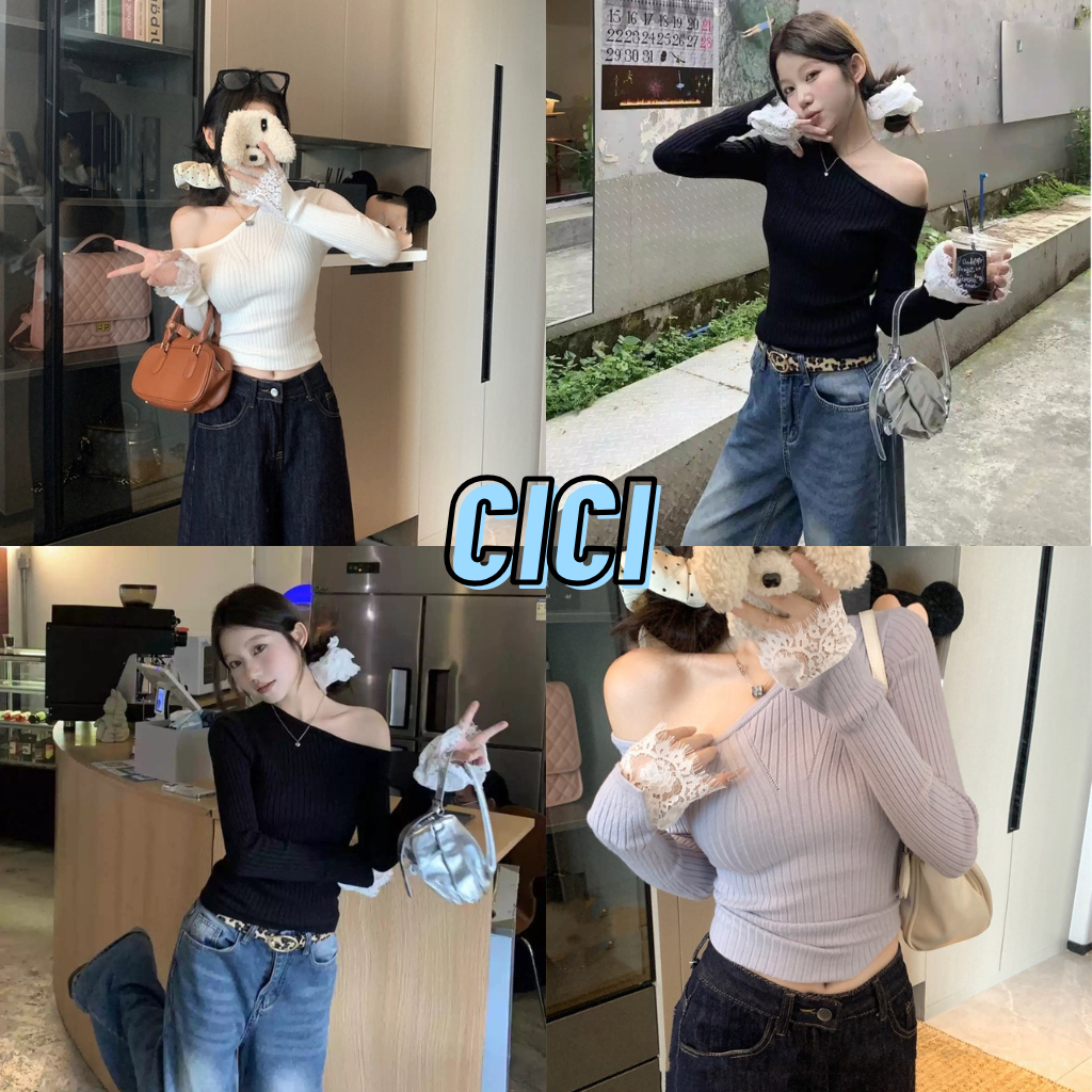 Cici(NO. F099) เสื้อไหมพรมเบี่ยงไหล่ แต่งลูกไม้ปลายแขน สุดคิ้วทึ | Shopee Thailand