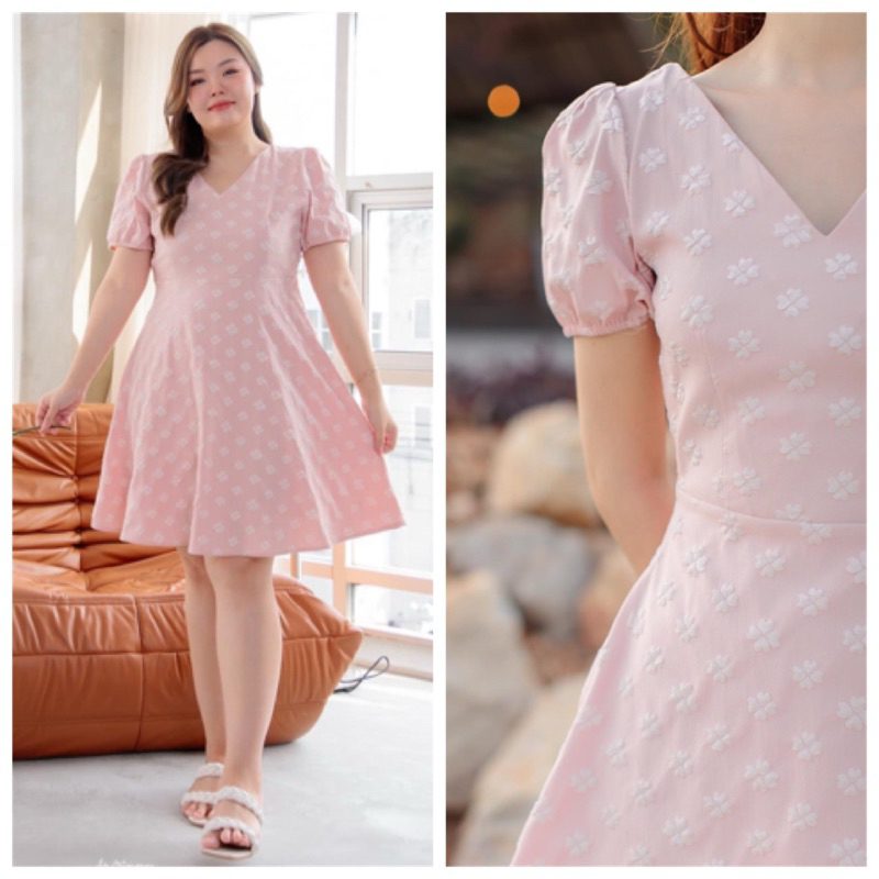 La mignonne : XXL (2XL) เดรสสั้นระบาย ผ้าทอลายนูน สีชมพู | Shopee Thailand