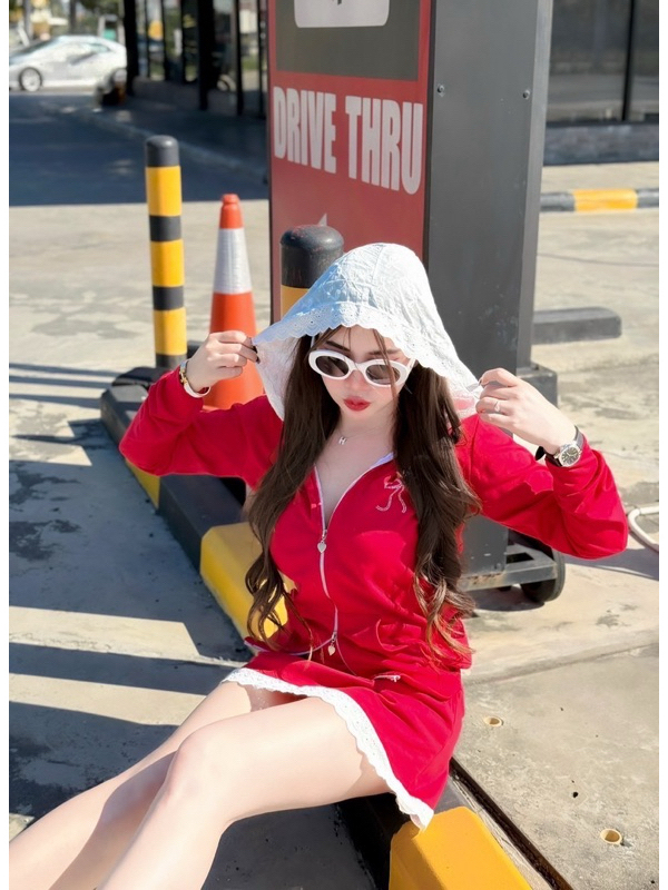 Nicha Set2ชิ้น เสื้อแขนยาวซิปหน้า ฮู้ดลูกไม้ กระโปรงทรงเอ มีซับกางเกงแต่งปลายกระโปรงลูกไม้ ...