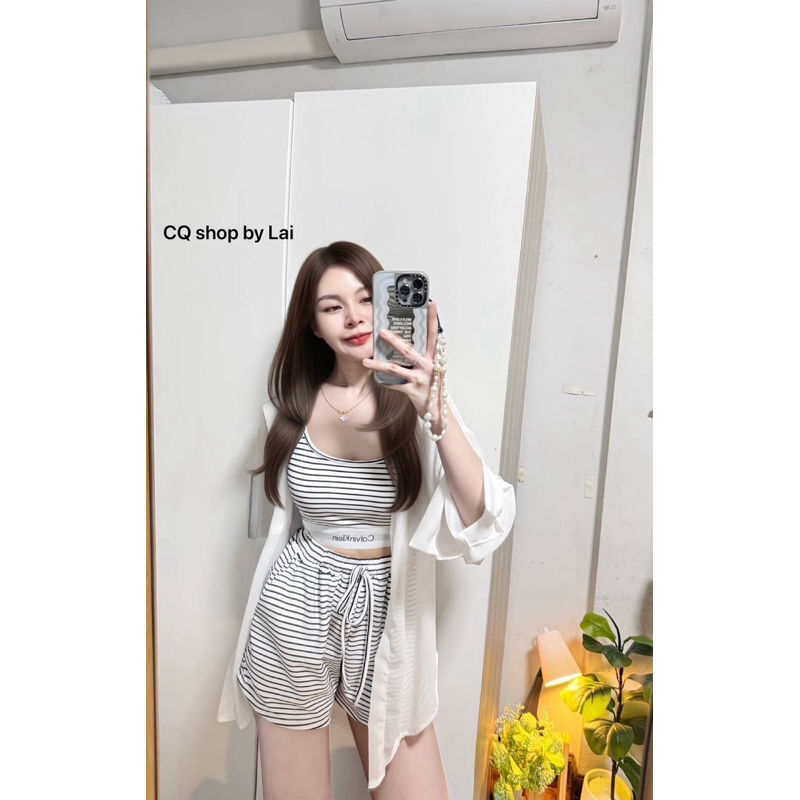 Phapassz - เซต3ชิ้น เสื้อสายเดี่ยวผ้าร่องยืด ดีเทลแต่งขอบเอวยางยืดแมทซ์กับกางเกงขาสั้น สปอต ...