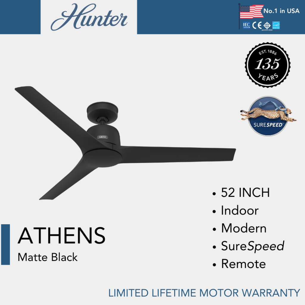 Hunter Fan พัดลมเพดาน รุ่น Athens - Matte Black 52" Indoor Modern ...