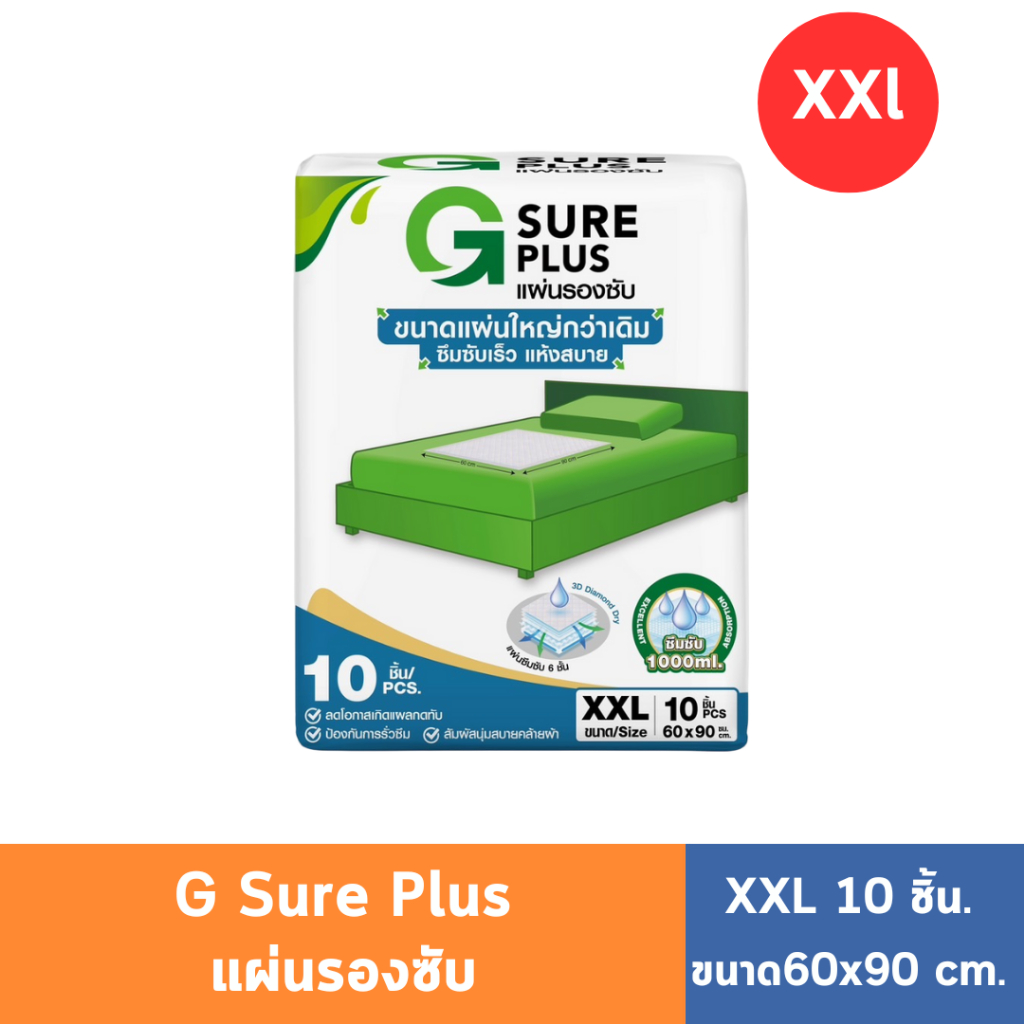 G SURE PLUS แผ่นรองซับ สำหรับผู้ใหญ่ " (ไซส์ XXL) 1 แพ็ค 10 ชิ้น " ซึมซับเร็ว แห้งสบาย | Shopee ...