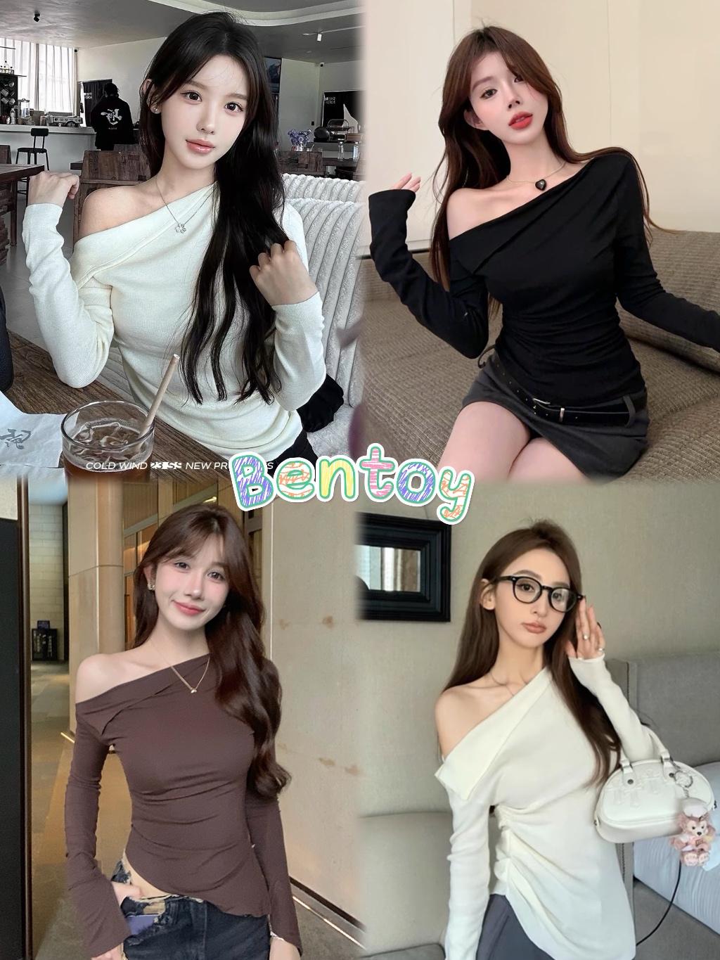 Bentoy(Y9335)เสื้อไหมพรมแขนยาว สีพื้น ปาดไหล่ ผ้านิ่ม ยืดตามตัว ใสสบาย พรางหุ่น | Shopee Thailand