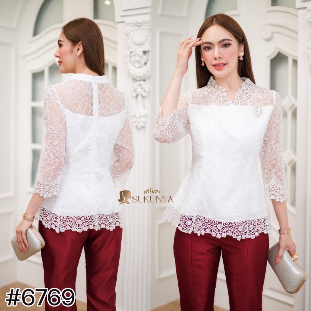 [6769]เสื้อลูกไม้ By Sukunya งานพรีเมี่ยมผ้าลูกไม้สามมิติดอกลอย | Shopee Thailand