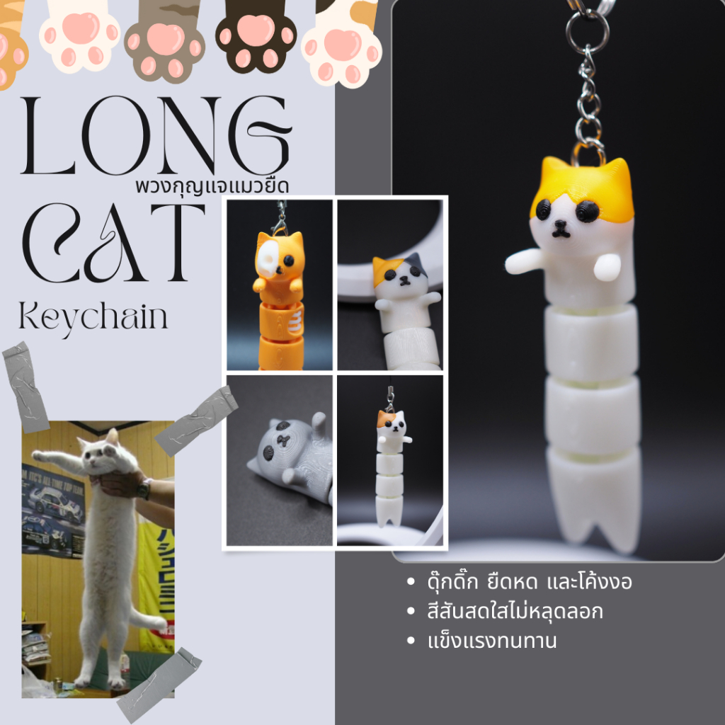 พวงกุญแจแมวยืด ดุ๊กดิ๊กได้ แมวมีม (Longcat Keychain) 3D Printing วัสดุ PLA | Shopee Thailand