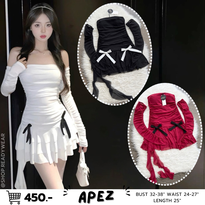 ️พร้อมส่ง • APEZ minidress ผ้าซีทรู 3 ชิ้น แต่งย่นทั้งชุด ดีเทลแต่งโบว์กรุบกริบ พร้อมปลอกแขน ...