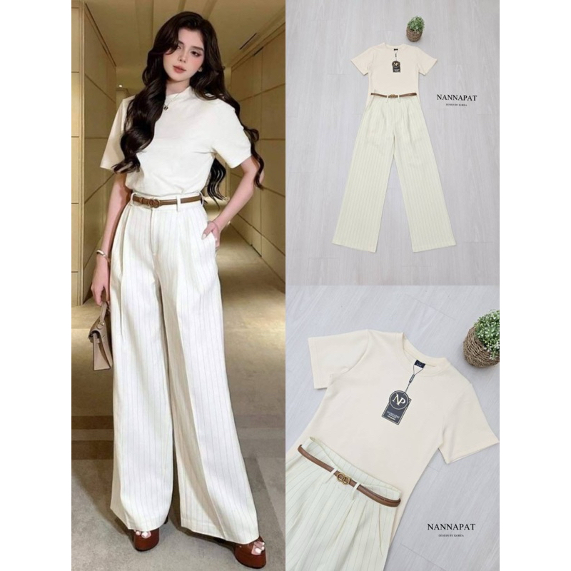 M2 งานป้าย Nannapat Set ชุดเซ็ทเสื้อ + กางเกงขายาว+เข็มขัด สำหรับผู้หญิง เสื้อผ้าแฟชั่นผู้หญิง ...