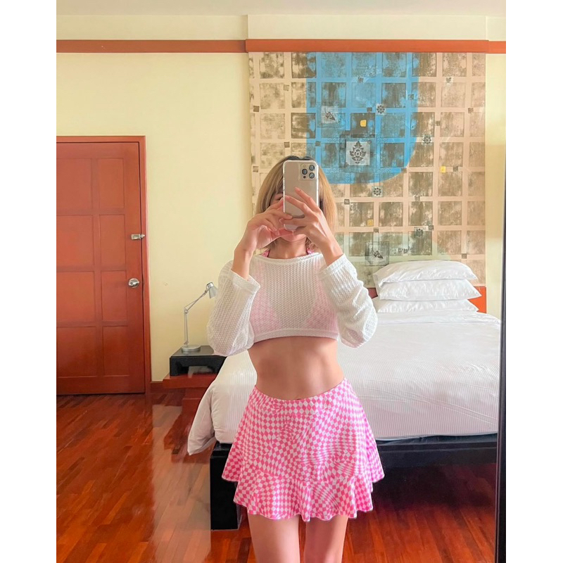 ส่งต่อชุดว่ายน้ำ 3 ชิ้น (ชุดว่ายน้ำทูพีช+กระโปรง) แบรนด์ Shein Size S สีชมพู | Shopee Thailand