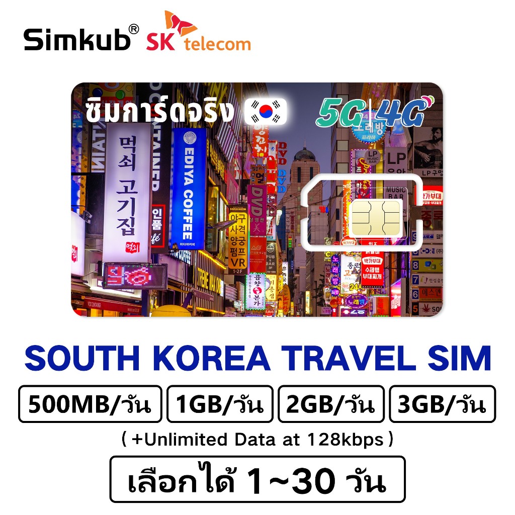 KOREA SIM ซิมเกาหลี ซิมท่องเที่ยวเกาหลี 5G/4G อินเทอร์เน็ต 500MB-3GB/วัน เลือกได้ 3-30วัน ...