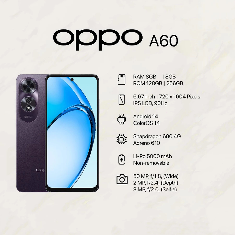 OPPO A60 (8+128) | (8+256) โทรศัพท์มือถือ กล้อง 50 MP ชาร์จไว 45W แบตเตอรี่ 5000mAh รับประกัน 12 ...