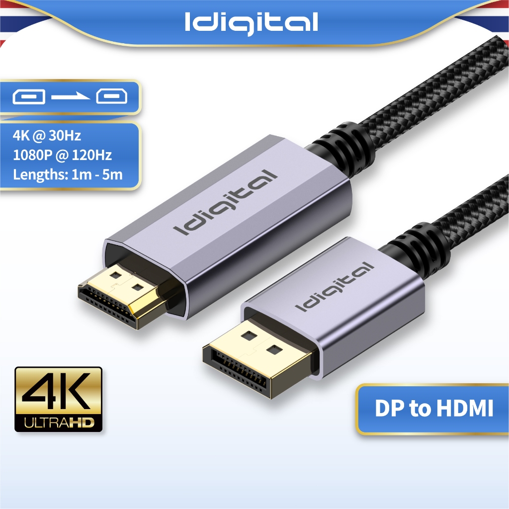 Idigital สาย DP to HDMI Cable, 4K 30Hz, 1080p 120Hz, 1m-5m, For PC ...