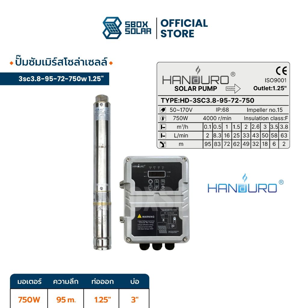 ปั้มบาดาล ปั้มซัพเมิร์สโซล่าเซลล์ Handuro 750w 72V ขนาด 3 นิ้ว ท่อน้ำ ...
