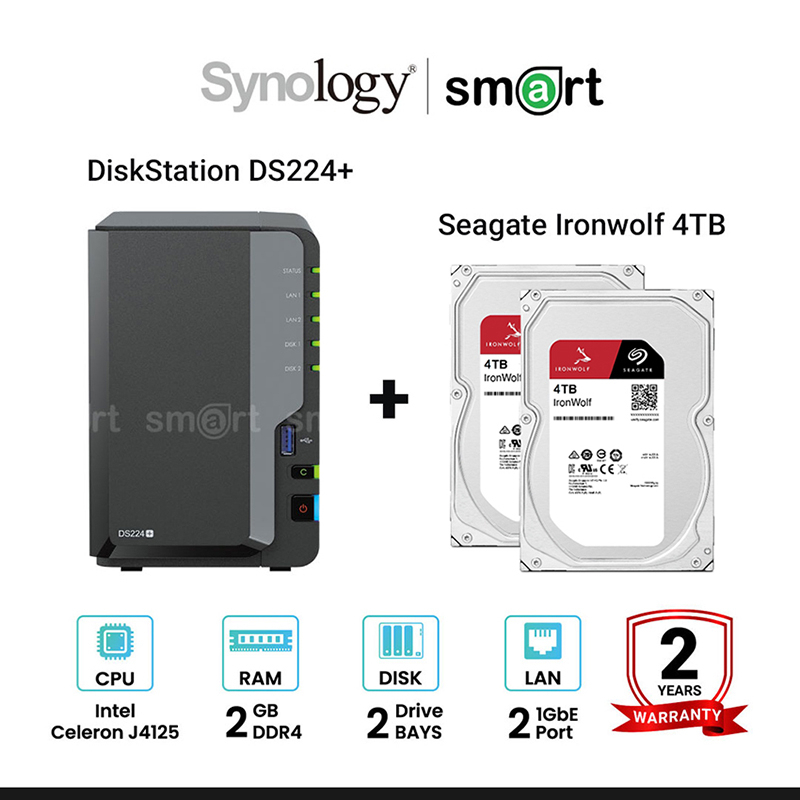 [NEW] Synology DiskStation DS224+ 2-Bay NAS + 2 x Seagate Ironwolf 4TB / 6TB / 8TB | Shopee Thailand