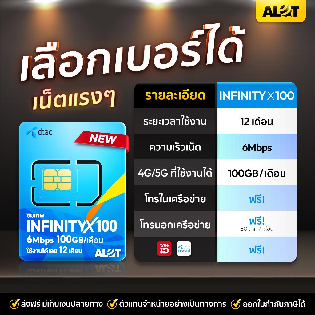 [ infinity X 100 ] เลือกเบอร์ SET 1 ซิมเทพ sim dtac 6Mbps 100GB 1ปี โทร ...