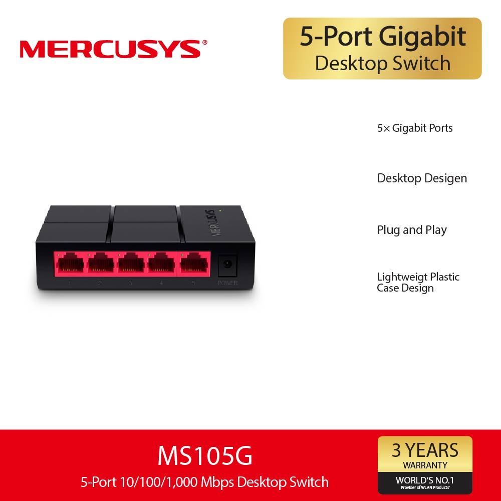 Mercusys MS105G 5-Port 10/100/1,000 Mbps Desktop Switch | Shopee Thailand