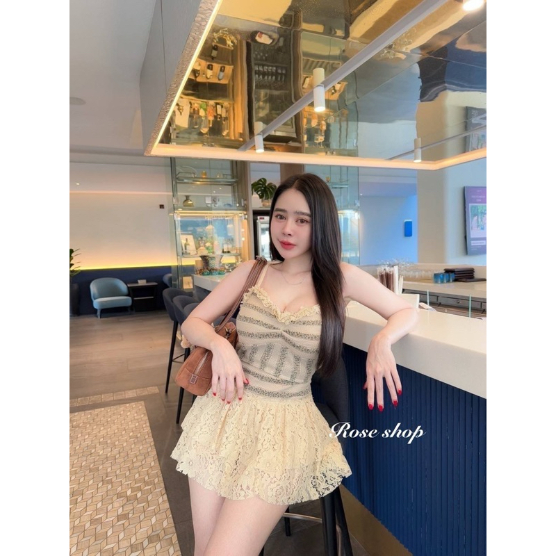 Phapassz - เซท 2 ชิ้น เสื้อสายเดี่ยวผูกไหล่ งานผ้าทวิส สวยแพงมาก กระโปรงแต่งลูกไม้น่ารัก เซ็กซี่ ...