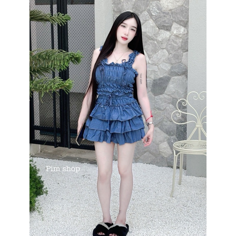 Phapassz - Set 2ชิ้น ก้ามแต่งย่น ผูกโบว์ มาพร้อมกระโปรงระบายชั้นๆๆ ผ้ายีนส์สวยยย สุดปังง #Khnes ...